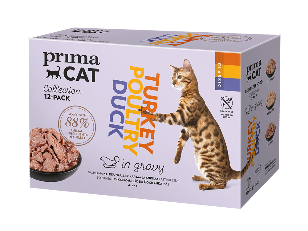 PrimaCat voordeelpakket natvoer gevogelte 12 x 85 gram – Prima Diervoeding